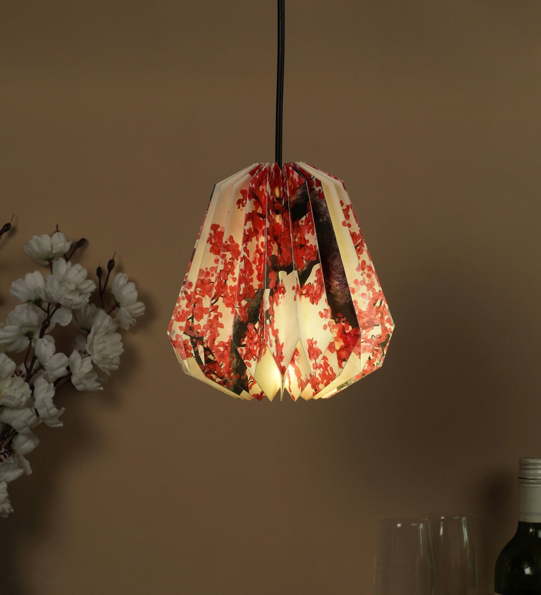 RED CHERRY BLOSSOM COLLAPSIBLE CONICAL ORIGAMI HANGING LAMPSHADE ...
